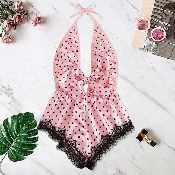 SHEIN | Intimates & Sleepwear | Shein Pink And Black Polka Dot Satin ...